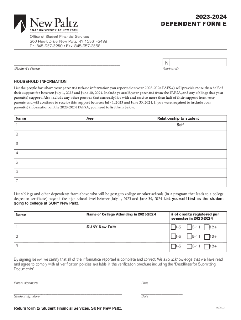Fillable Online 2023-2024 DEPENDENT FORM E - SUNY New Paltz Fax Email Print - pdfFiller
