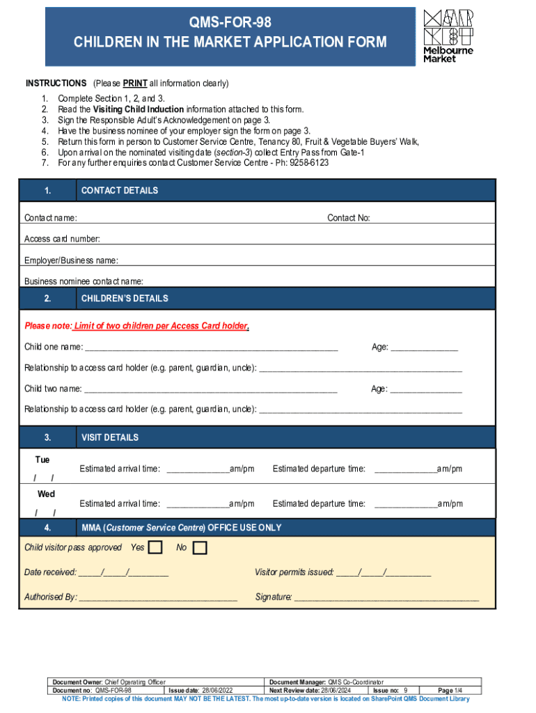 Fillable Online qms-for-98 children in the market application form Fax ...