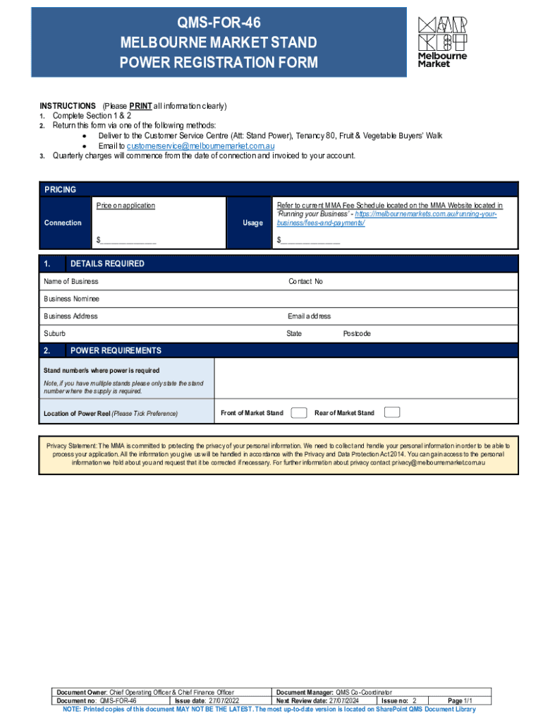 Fillable Online Melbourne Market Stand Power Registration Form Fax ...