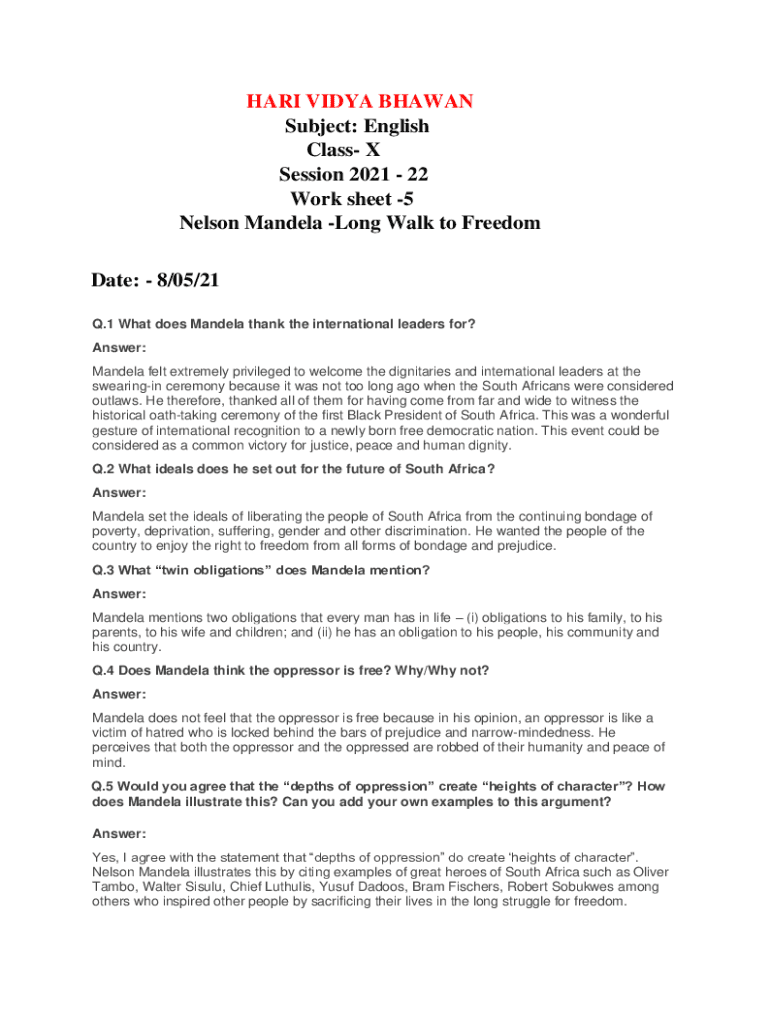 Fillable Online Nelson Mandela Long Walk to Freedom - NCERT Worksheet ...