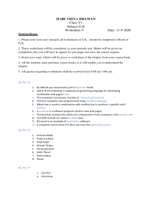 Fillable Online HARI VIDYA BHAWAN Class-V1 Subject-G.K Worksheet-9 Date ...