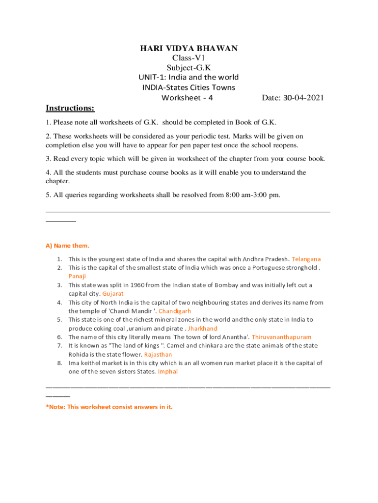 Fillable Online HARI VIDYA BHAWAN Class-V1 Subject-G.K UNIT-1: INDIA ...