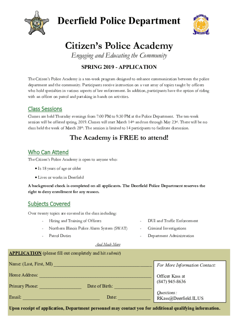 Fillable Online Deerfield Police Department Citizen's Police Academy ...