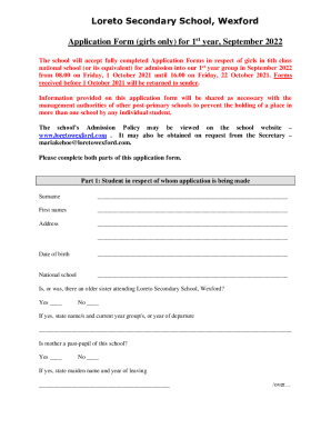 Fillable Online Loreto Secondary School, Wexford Application Form ...