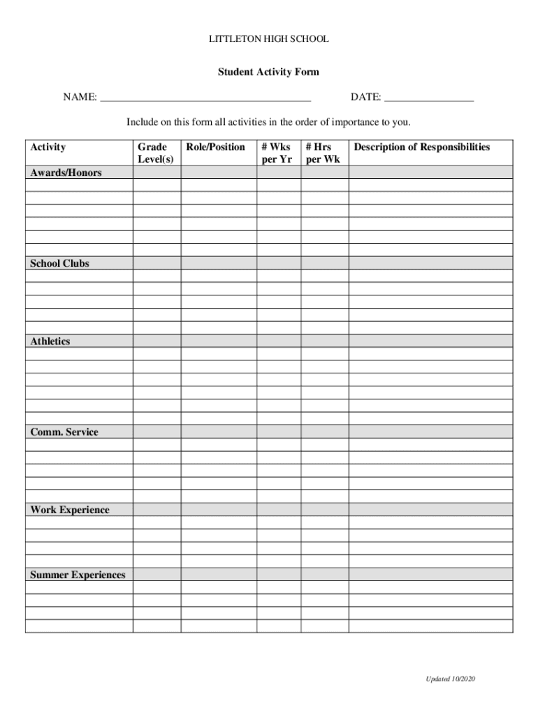 Fillable Online Student Activity Form NAME Fax Email Print - pdfFiller