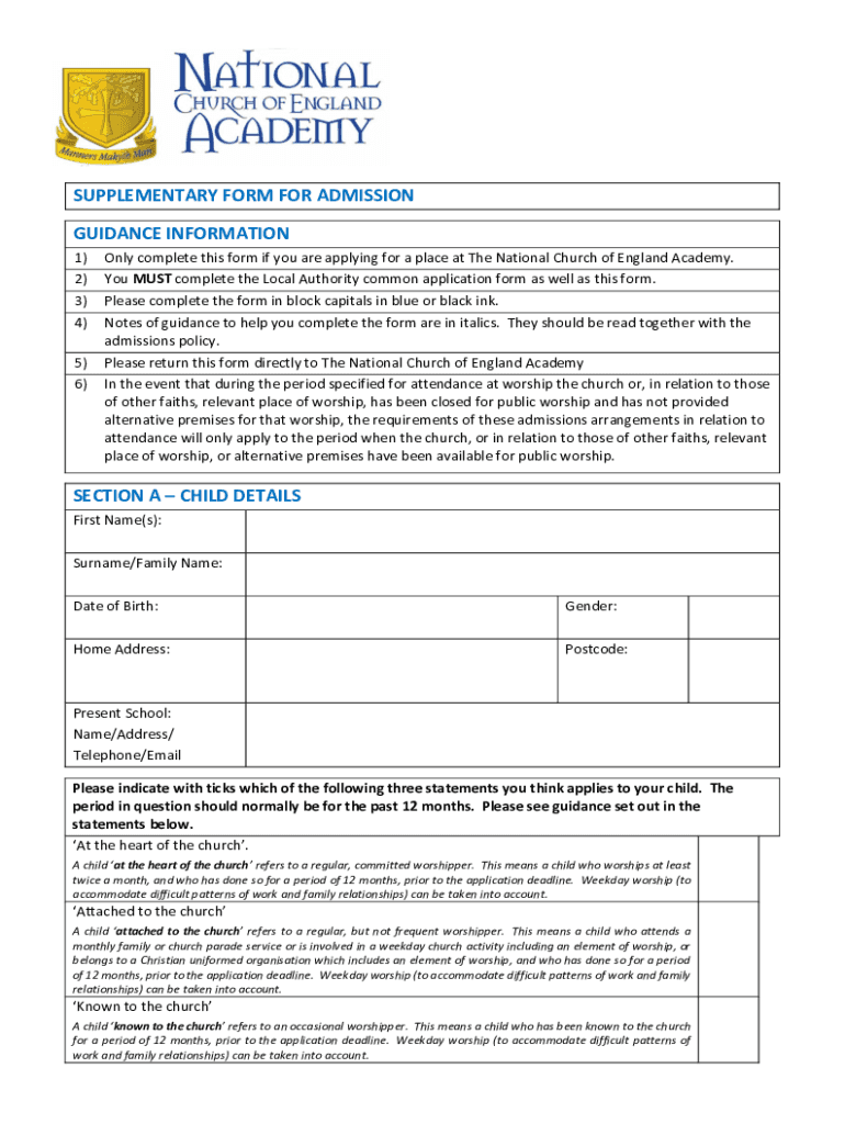 Fillable Online supplementary form for admission guidance information ...