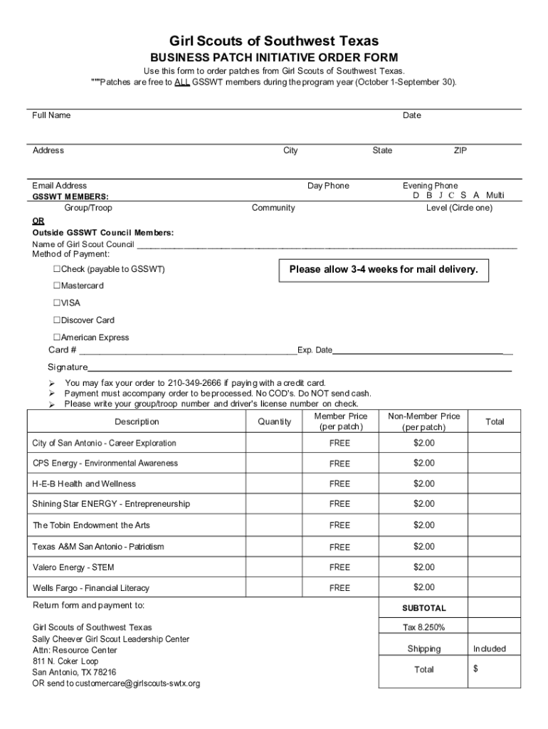 Fillable Online BPI Patch Order Form - Girl Scouts of Southwest Texas ...