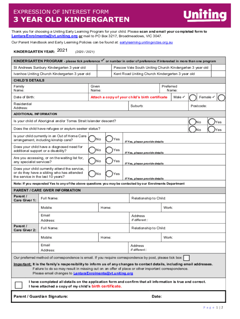 Fillable Online expression of interest form - 3 year old kindergarten ...
