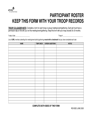 Fillable Online PARTICIPANT ROSTER KEEP THIS FORM WITH YOUR ... Fax ...