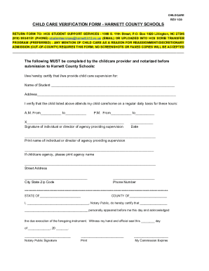 Fillable Online CHILD CARE VERIFICATION FORM - HARNETT COUNTY SCHOOLS ...