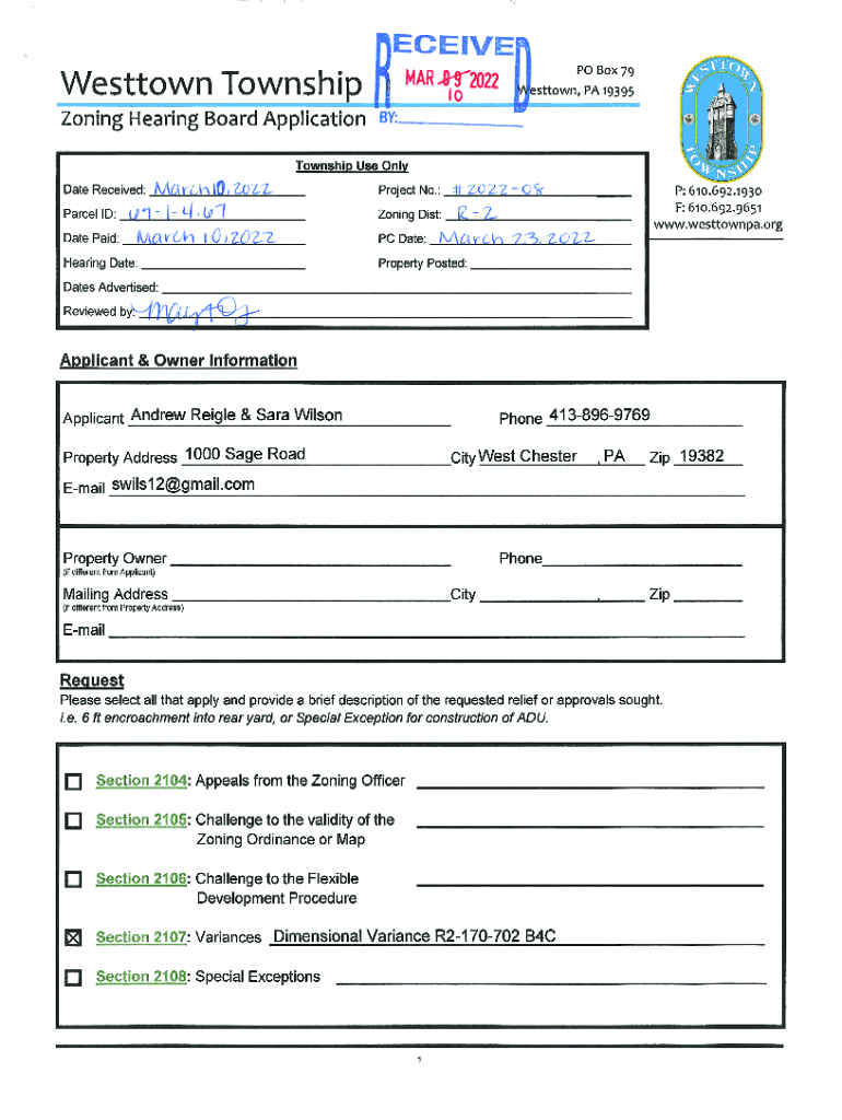 Fillable Online Application of Andrew Reigle and Sara Wilson Fax Email ...