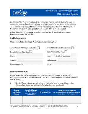 Fillable Online Athlete of the Year Nomination Form - 2021 Municipal Awards Fax Email Print ...