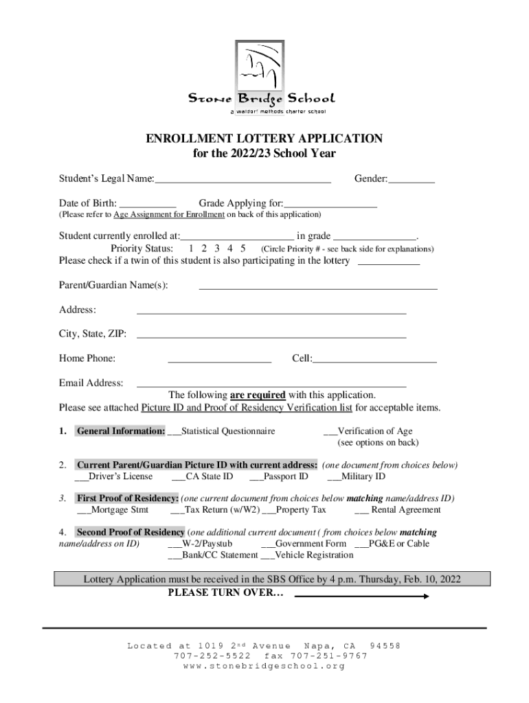 Fillable Online ENROLLMENT LOTTERY APPLICATION for the 2022/23 School Year Fax Email Print ...