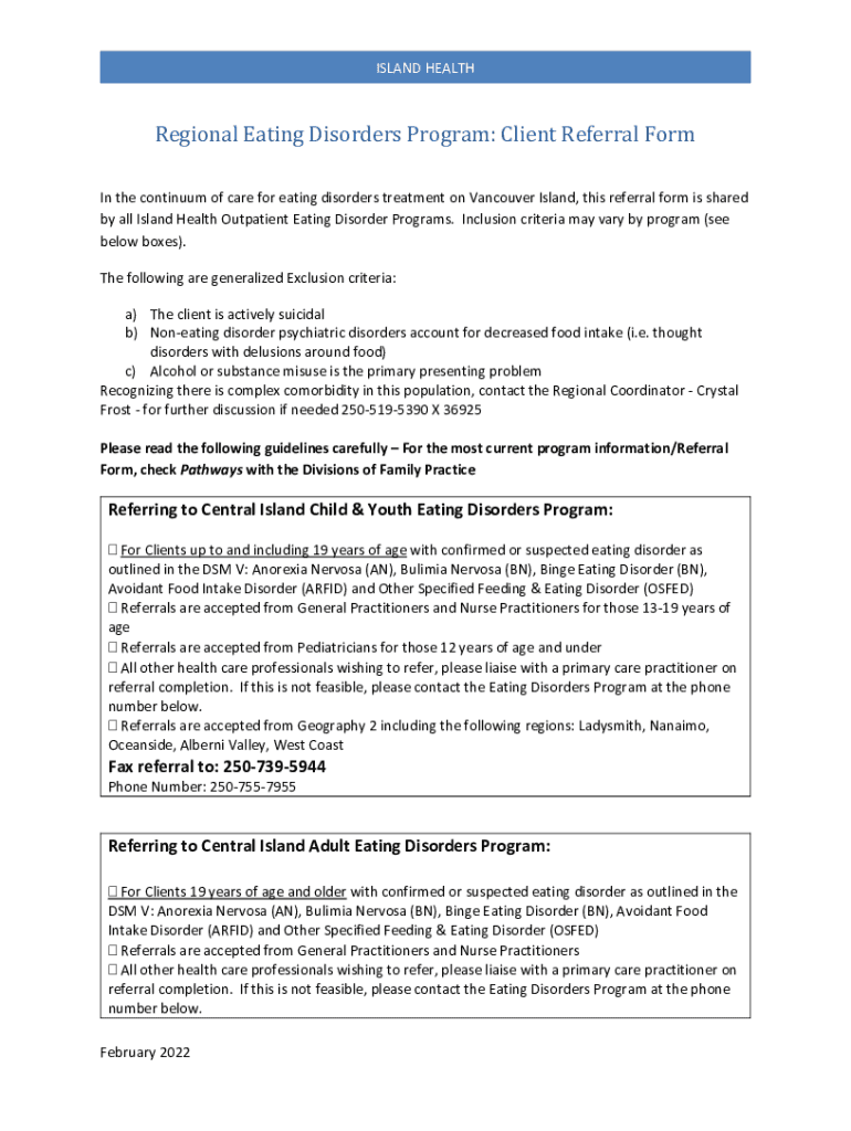 Fillable Online Regional Eating Disorders Program Client Referral Form ...