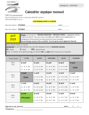 Remplissable En Ligne Calendrier atypique mensuel - Le CSSRS Fax Email Imprimer - pdfFiller