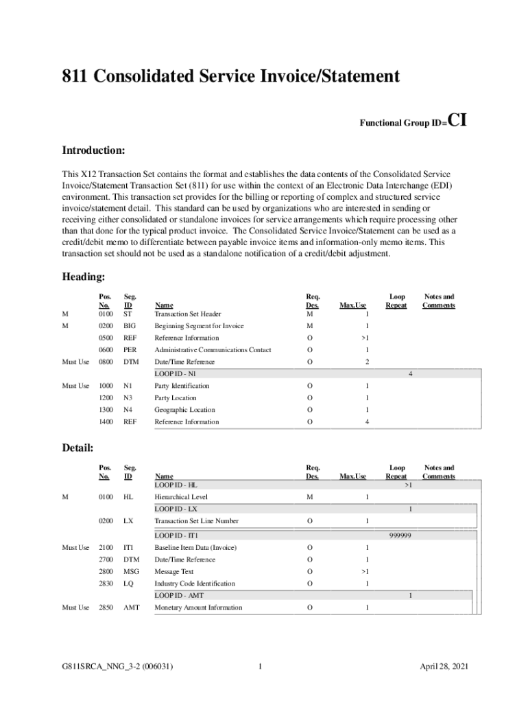 Fillable Online EDI 811 Consolidated Service Invoice/Statement ... Fax ...