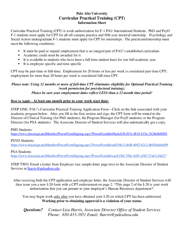 Fillable Online Curricular Practical Training (CPT) Application for F-1 ... Fax Email Print ...