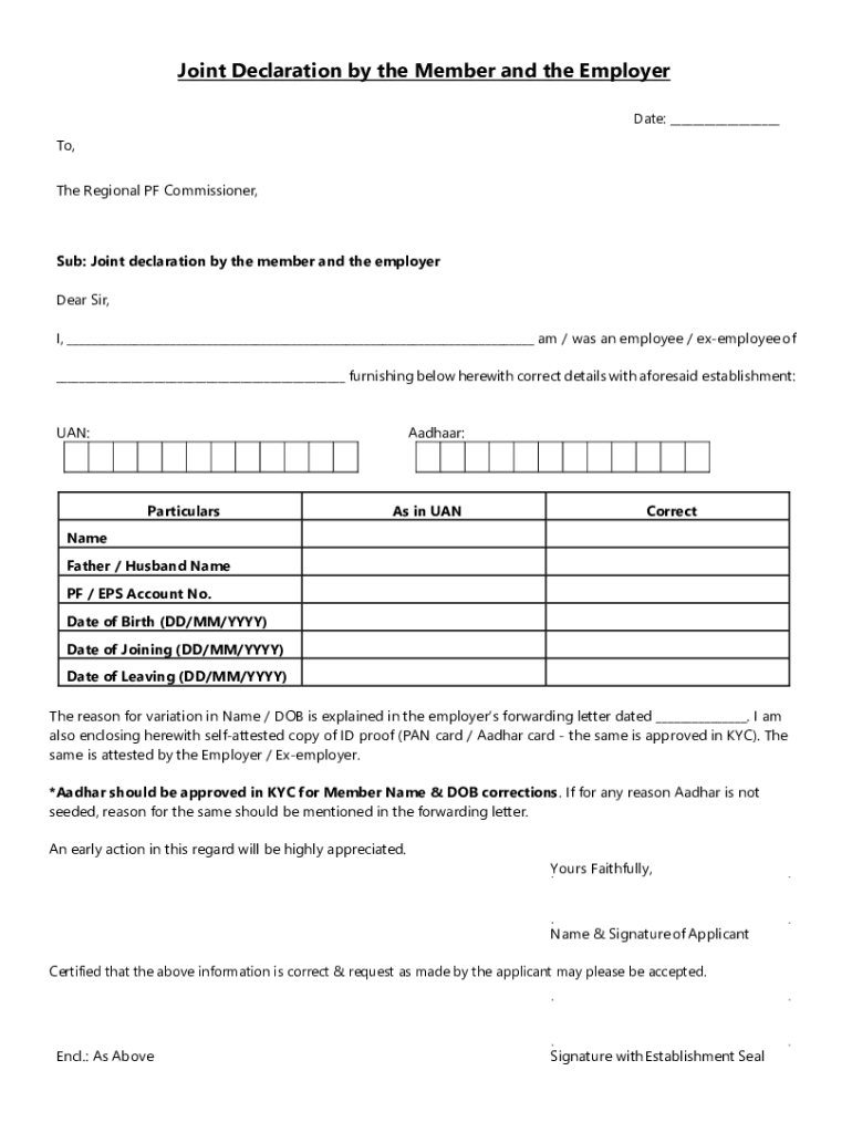 Fillable Online Sample letter format for PF Joint declaration Fax Email ...
