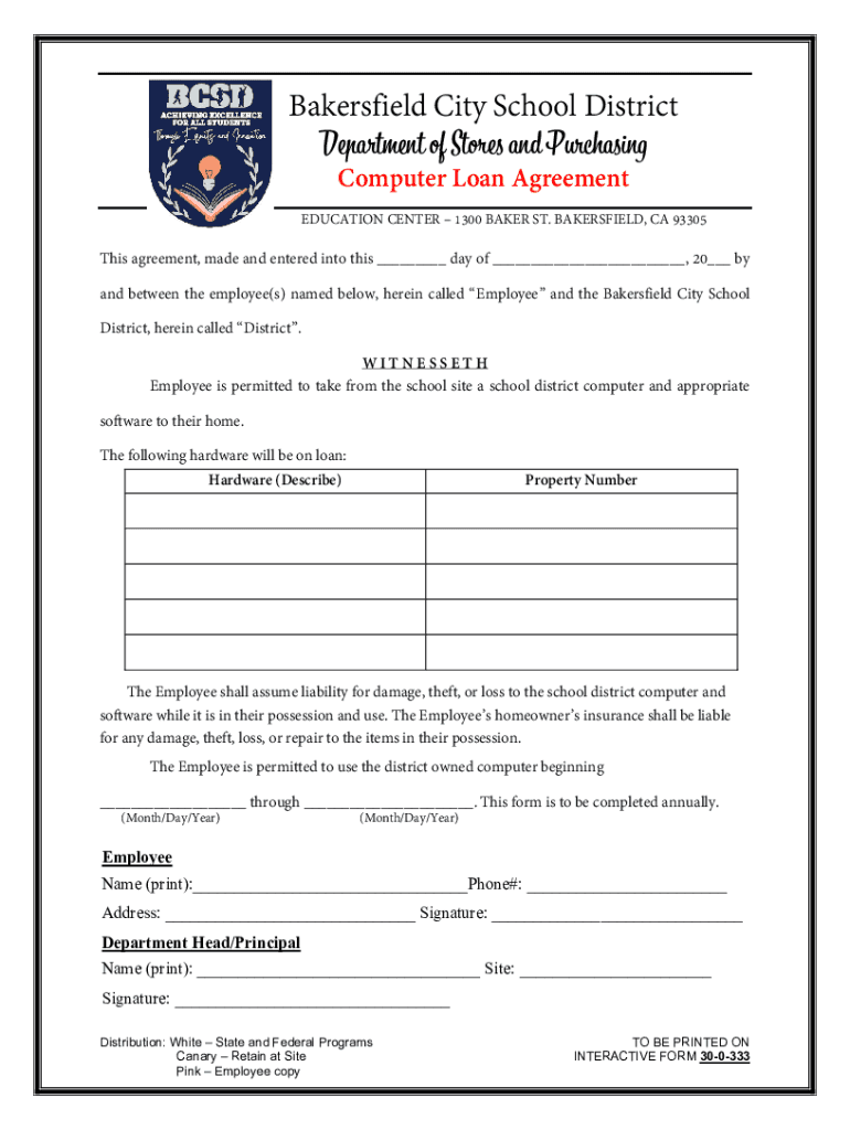 Fillable Online Computer Loan Agreement - Bakersfield City School ...