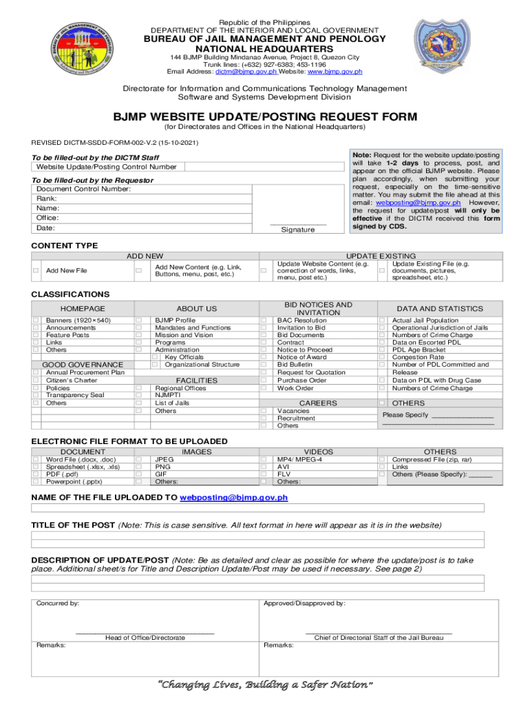Fillable Online BJMP WEBSITE UPDATE/POSTING REQUEST FORM Fax Email ...