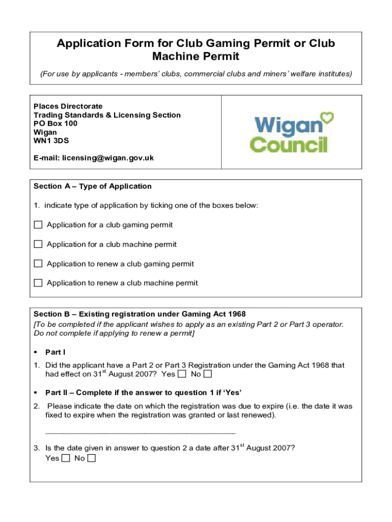 Fillable Online Application Form for Club Gaming Permit or Club Machine ...