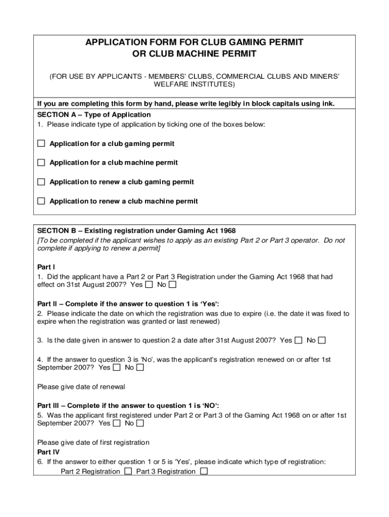 Fillable Online Clubs Gaming Permit Club Machine Permit application ...