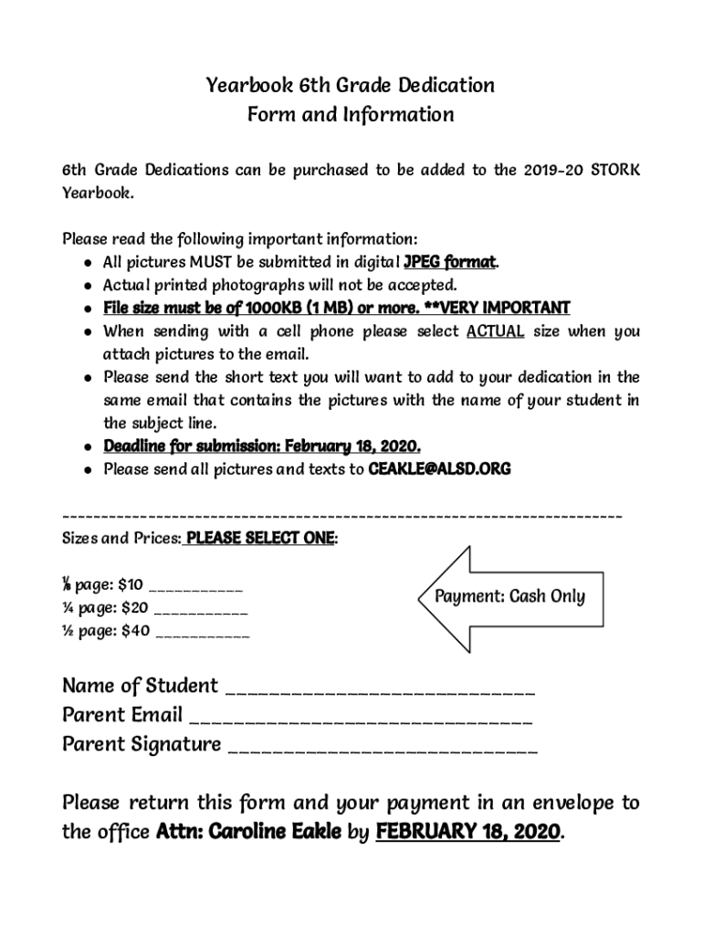 Fillable Online Yearbook 6th Grade Dedication Form and Information Fax ...