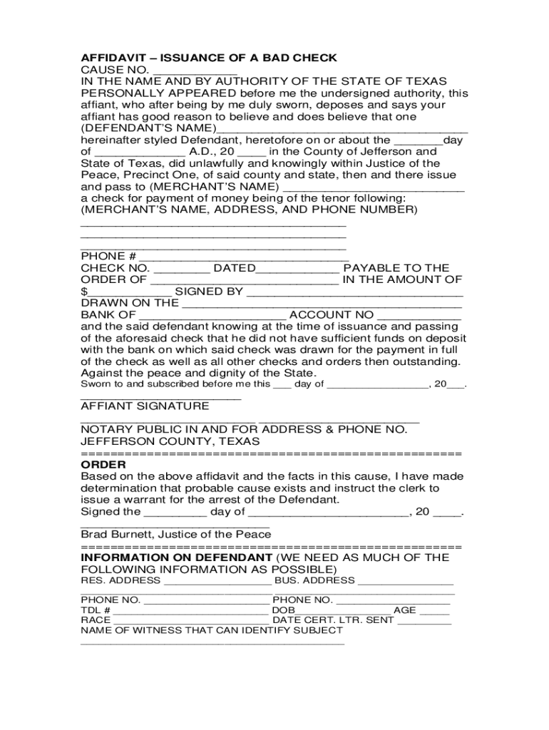 Fillable Online AFFIDAVITISSUANCE OF A BAD CHECK CAUSE NO.IN ... Fax ...