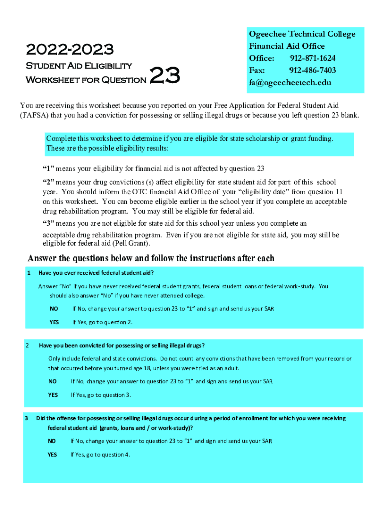 Fillable Online Student Aid Eligibility Worksheet for Question 23 ...