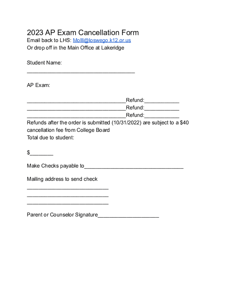 Fillable Online Advanced Placement Exams / AP Exam Cancellation form ...