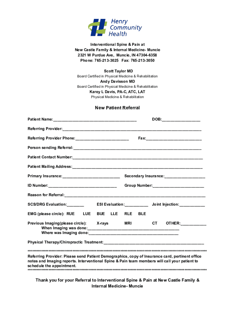 Fillable Online Interventional Spine & PainNCFIM- Muncie New Patient Referral Form Fax Email ...
