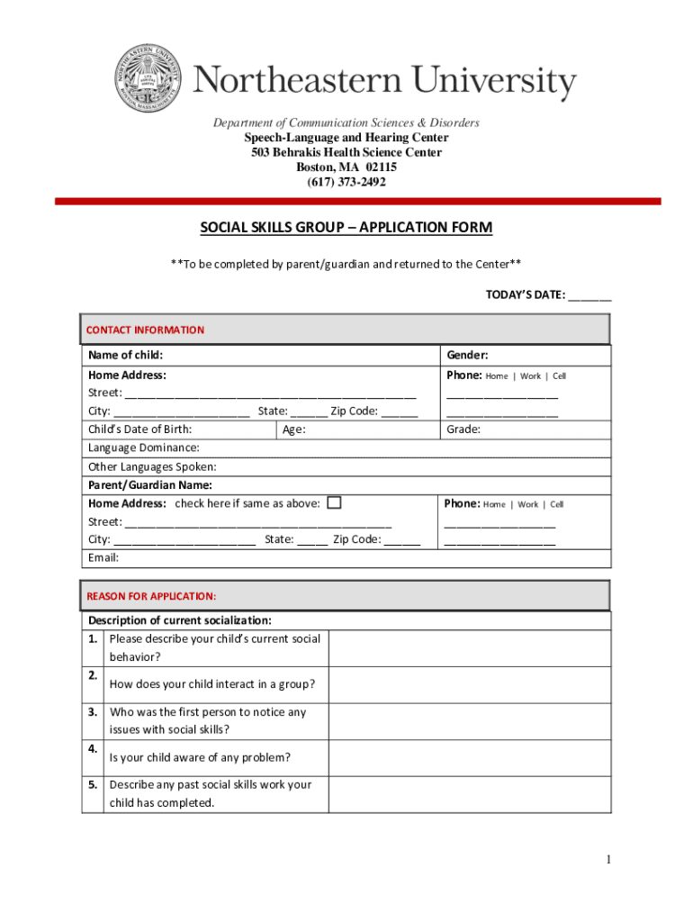 Fillable Online Social Skills Group - Northeastern University Fax Email ...