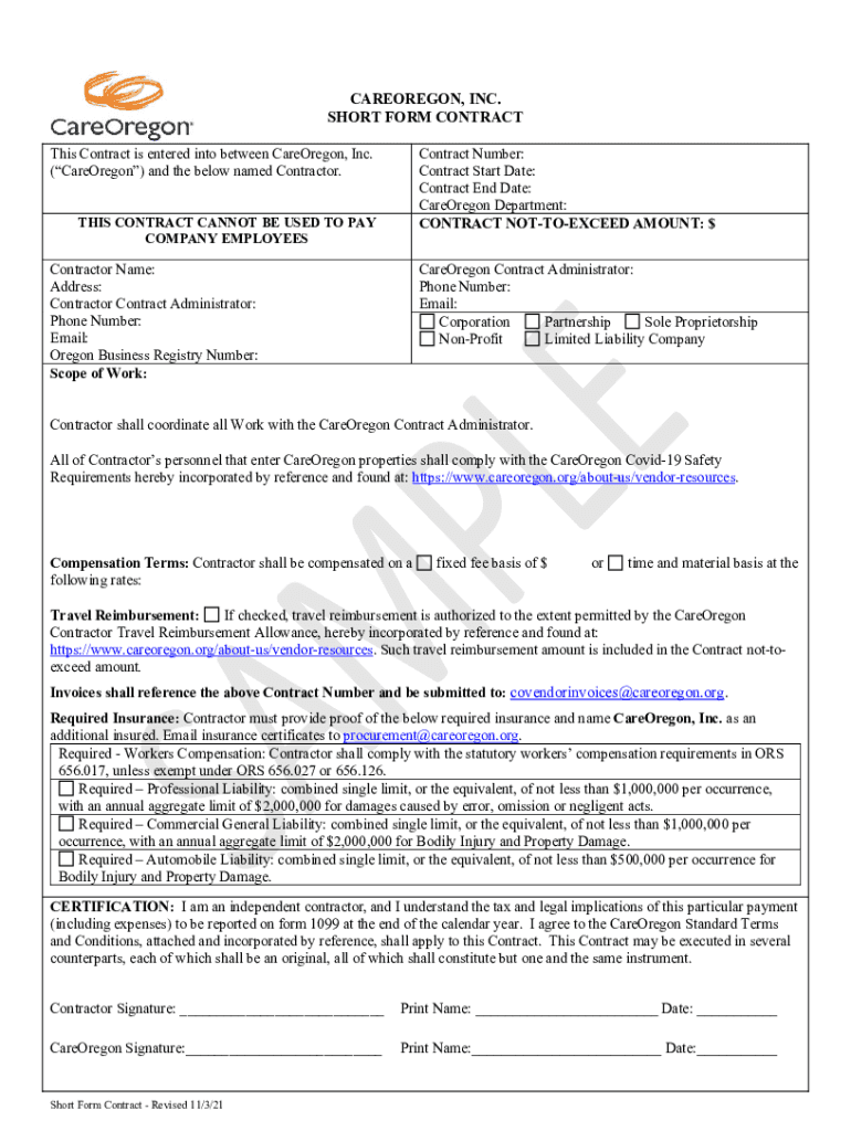 Fillable Online short form contract - Richmond, CA Fax Email Print ...