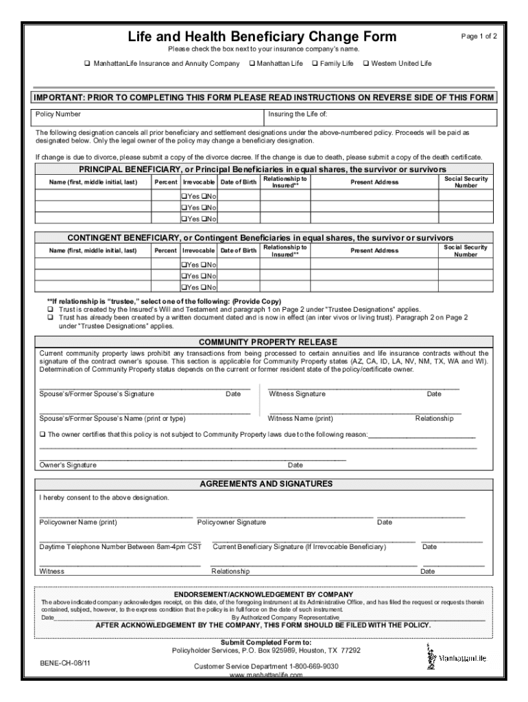 Fillable Online Life and Health Beneficiary Change Form Fax Email Print ...