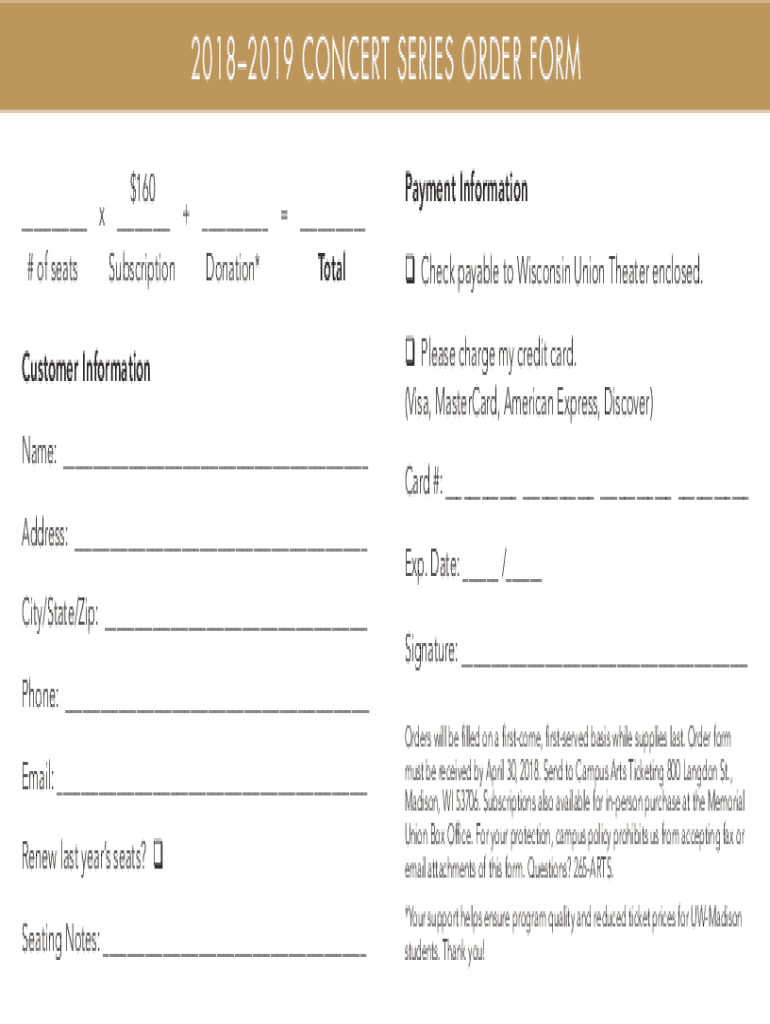 Fillable Online 20182019 CONCERT SERIES ORDER FORM - Wisconsin Union ...