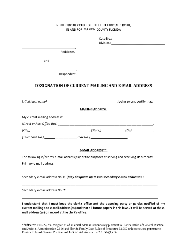 Fillable Online Designation of Current Mailing Email Address (PDF) Fax ...
