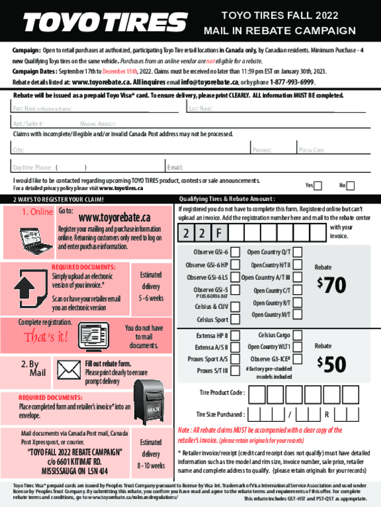 Remplissable En Ligne Toyo Tire Rebate Form - Fall 2022 - English.pdf ...