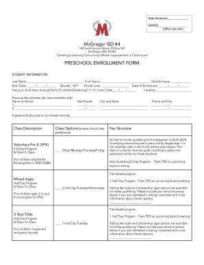 Fillable Online Student Preschool Enrollment Form Fax Email Print ...