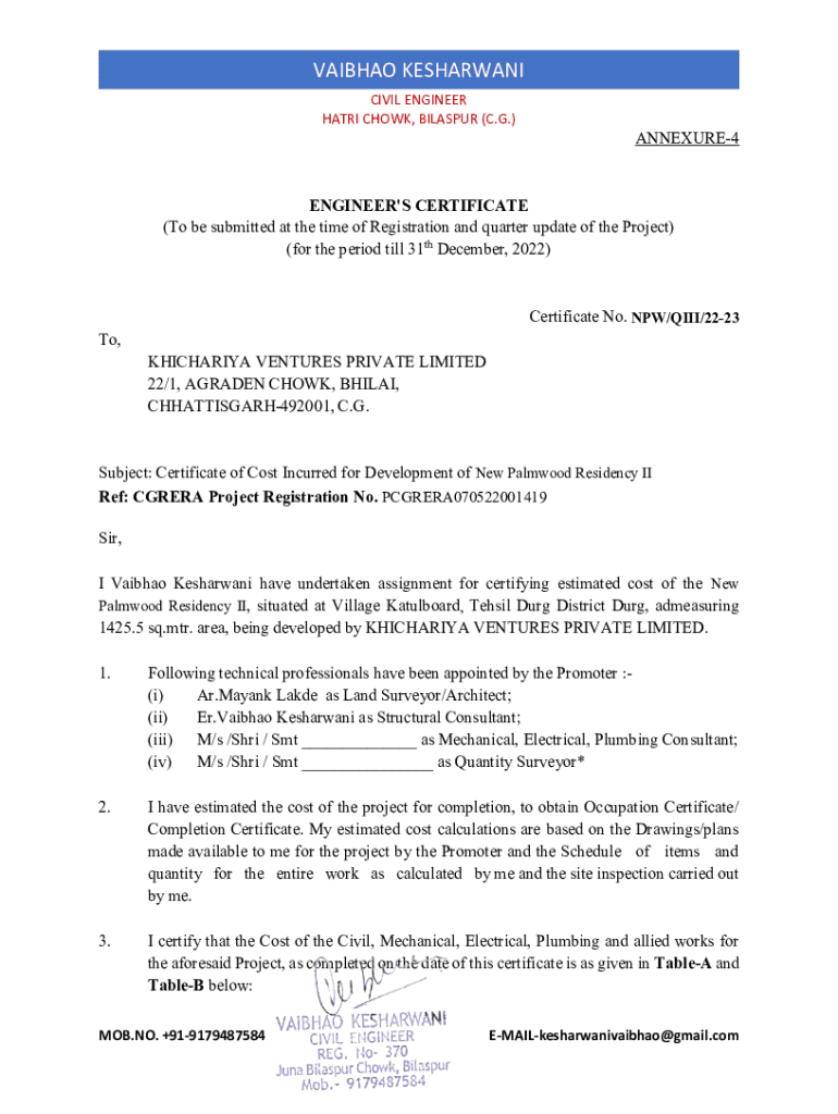 Fillable Online engineer's certificate annexure-4 - CG-RERA Fax Email ...