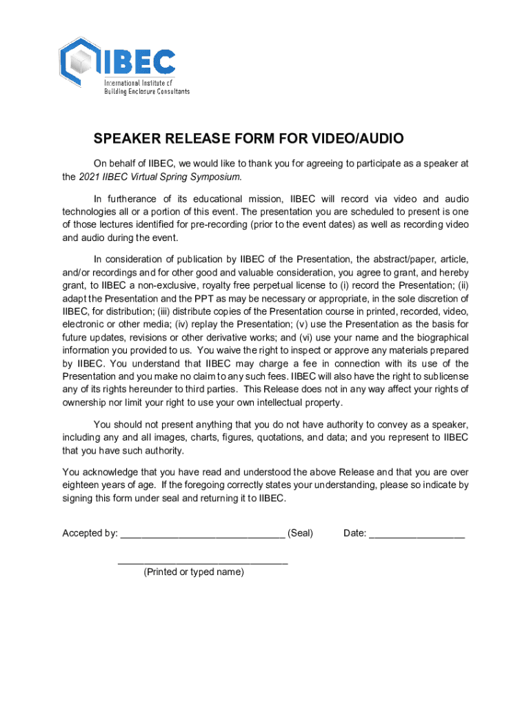 Fillable Online SPEAKER RELEASE FORM FOR VIDEO/AUDIO Fax Email Print ...