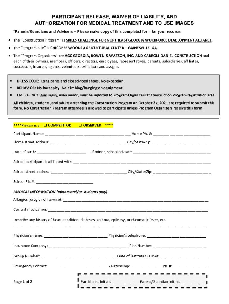 Fillable Online PARTICIPANT RELEASE, WAIVER OF LIABILITY ... - AGC Georgia Fax Email Print ...