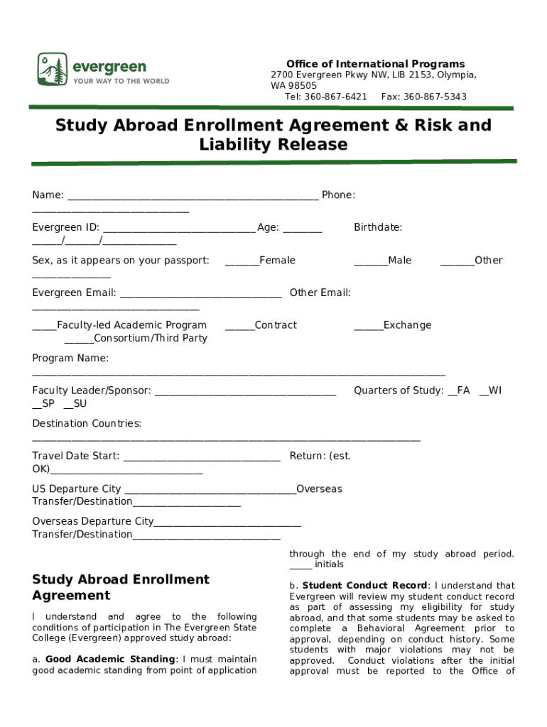 STUDY ABROAD ENROLLMENT AGREEMENT (EAF) Doc Template | pdfFiller
