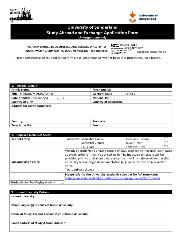 Fillable Online University of Sunderland Study Abroad and Exchange Application ... Fax Email ...