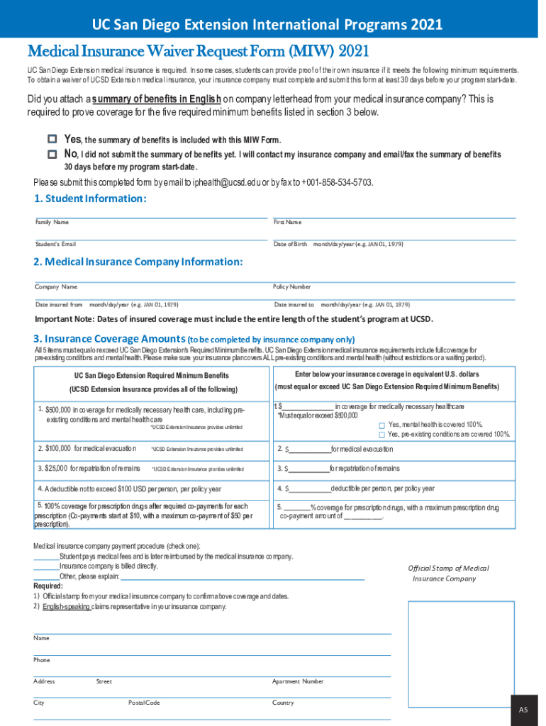 Fillable Online Medical Insurance Waiver Request Form (MIW) 2021 UC San ...