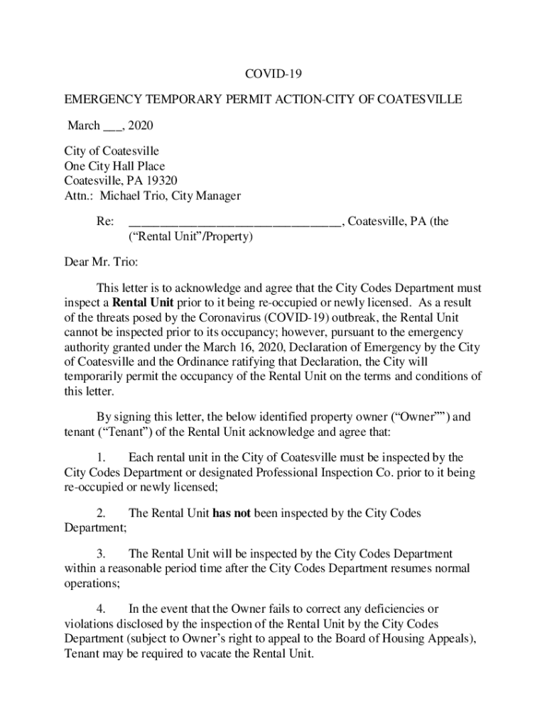 Fillable Online Codes Department Emergency Permits during COVID 19 Fax ...