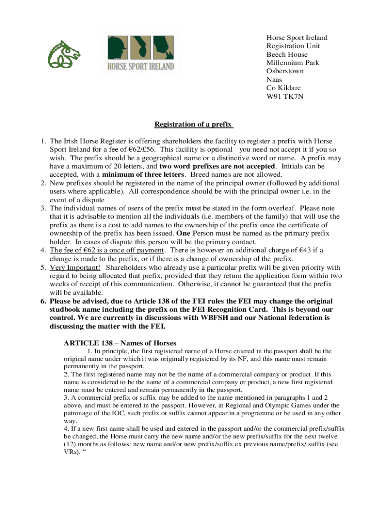 Fillable Online Registration of a prefix - Horse Sport Ireland Fax ...