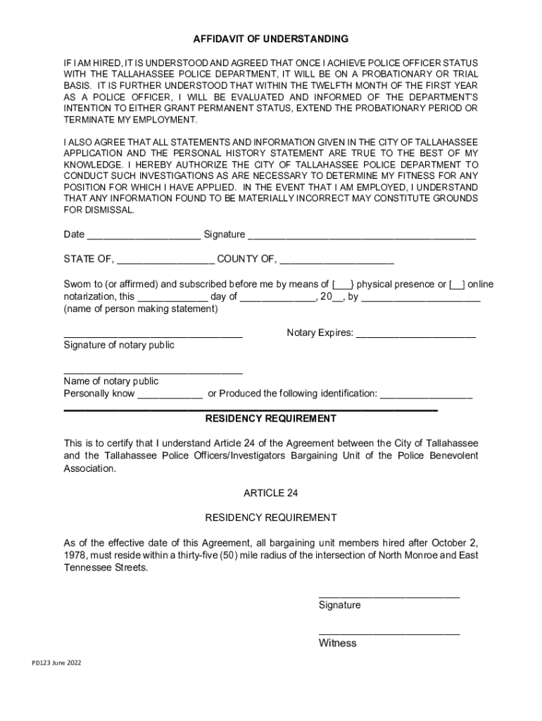 Fillable Online PD123 Residence AFFIDAVIT OF UNDERSTANDING 20.docx Fax ...