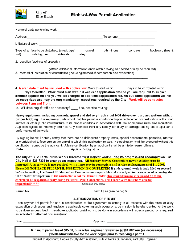 Fillable Online Right-of-Way Permit Application Fax Email Print - pdfFiller