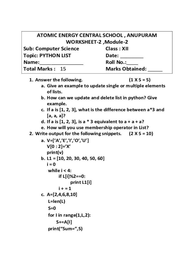 Fillable Online Computer Science Class Xii Topic Python List Date