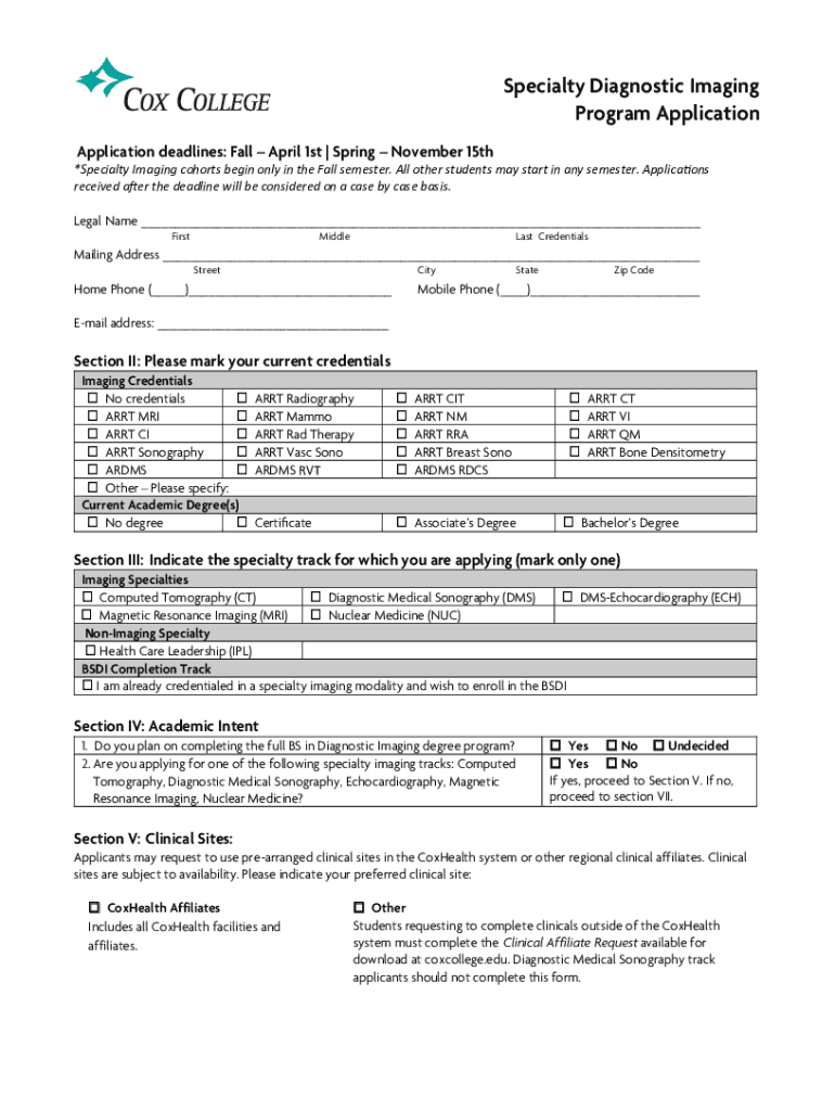 Fillable Online Specialty Diagnostic Imaging Program ApplicationCox College Fax Email Print ...